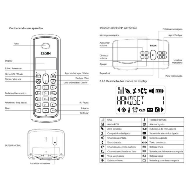 Telefone sem Fio Elgin TSF 8001 branco Com Identificador de Chamadas 1. ...