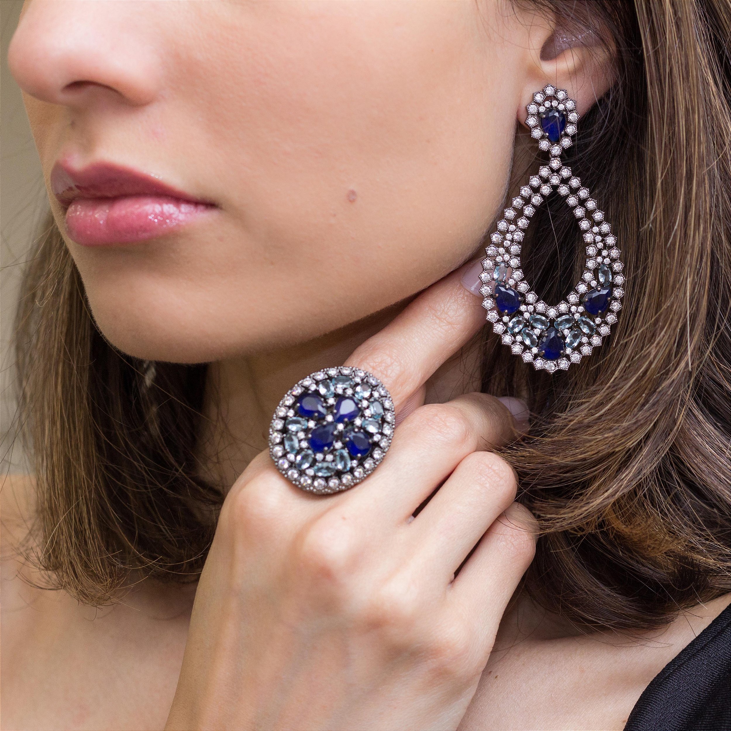 Anel ródio negro com mix de cristais - Magnífica Joias | Semijoias de luxo