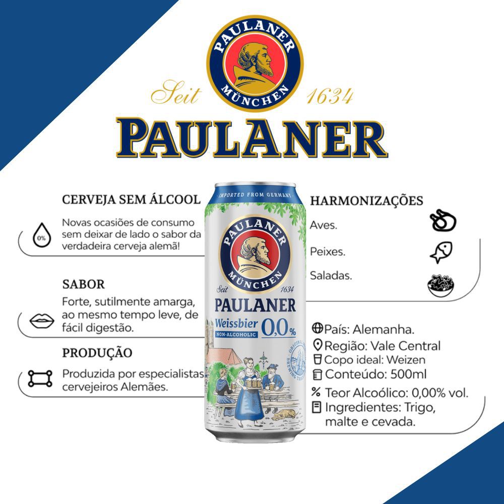 Cerveja Importada Alemã Paulaner Weiss Zero Álcool Lata 500ml (4 Unida ...