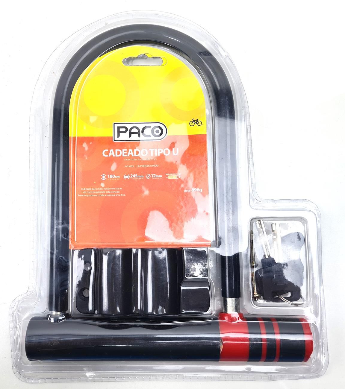 Cadeado Paco Tipo U Lock Reforçado - 240 x 180mm com Chave - XCO Bikes