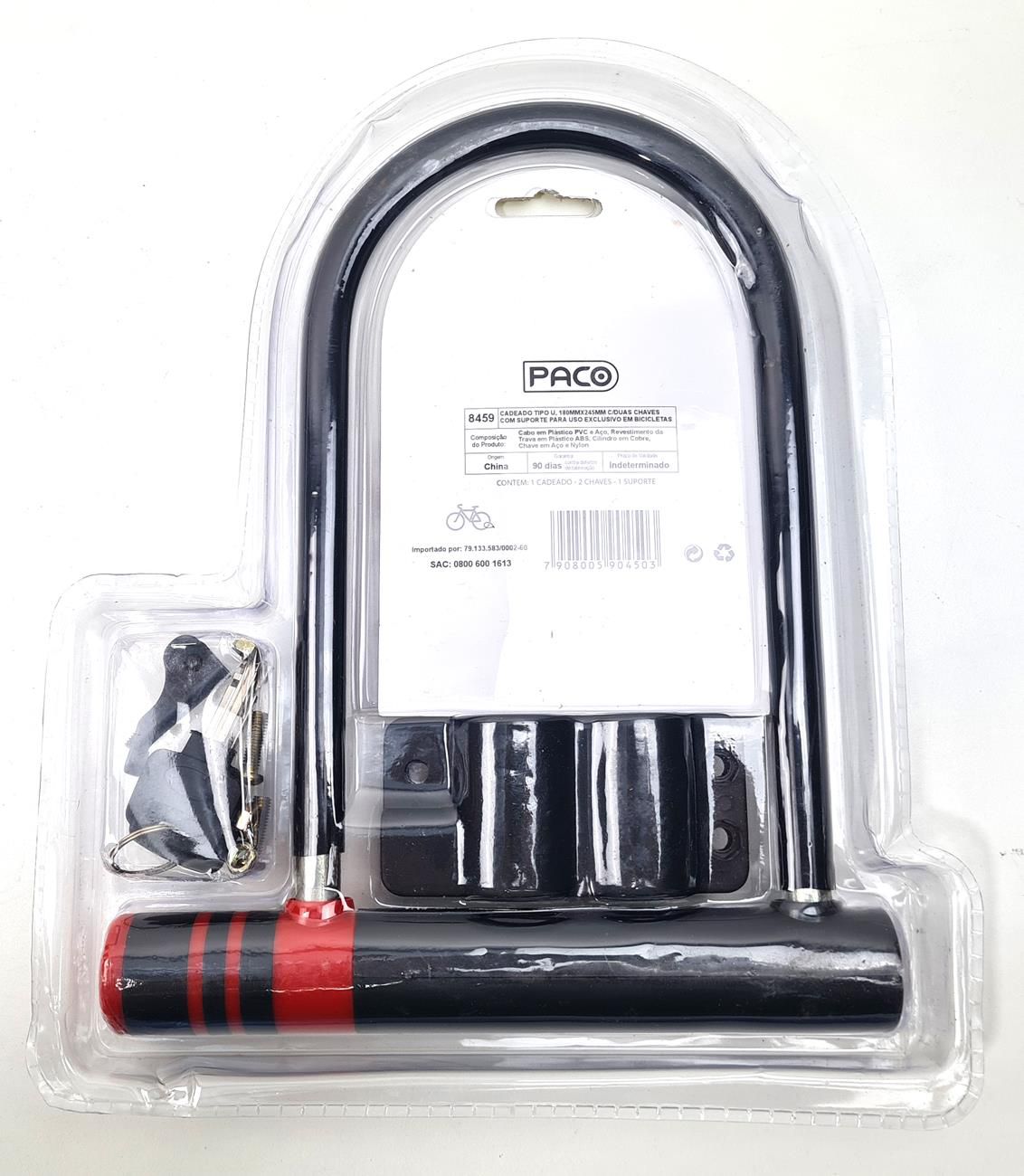 Cadeado Paco Tipo U Lock Reforçado - 240 x 180mm com Chave - XCO Bikes