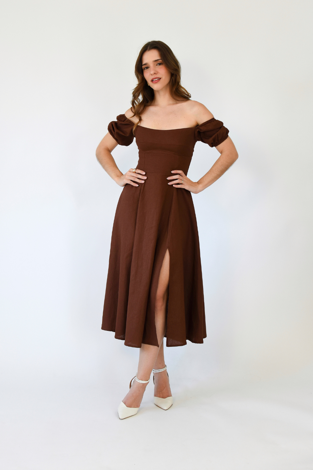 VESTIDO LINHO MIDI CHIARA MARROM /Limited Edition/ - NICCLA