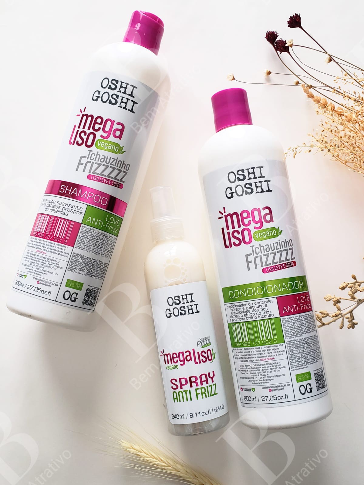 Oshi Goshi Mega Liso Vegano Kit Shampoo Condicionador Spray - Bem Atrativo