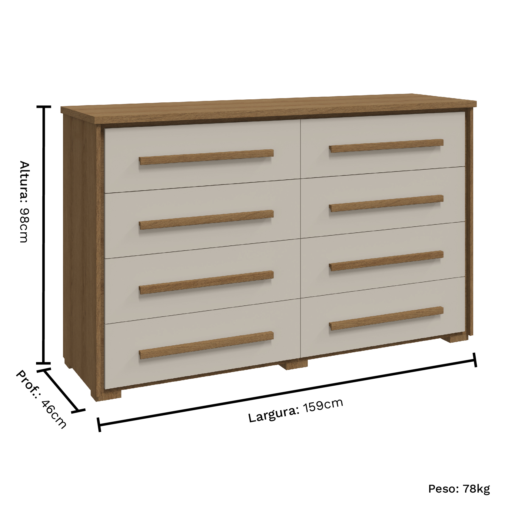 Cômoda Grande para Quarto 8 Gavetas Rimo Angra Jequitibá/OffWhite ...