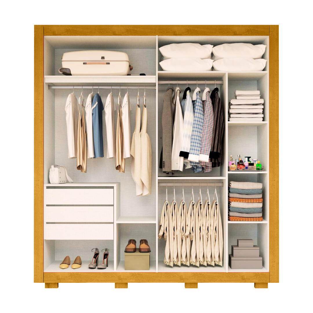 Roupeiro 2 Portas 3 Gavetas com Espelho Nicole MDF Nature/ Off White Flex - ACP MÓVEIS ...