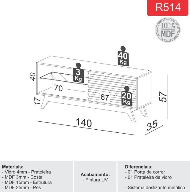 Rack 140 R514 Freijó/ Off Withe JW - DALLA COSTA - ATACADÃO DOS ELETROS