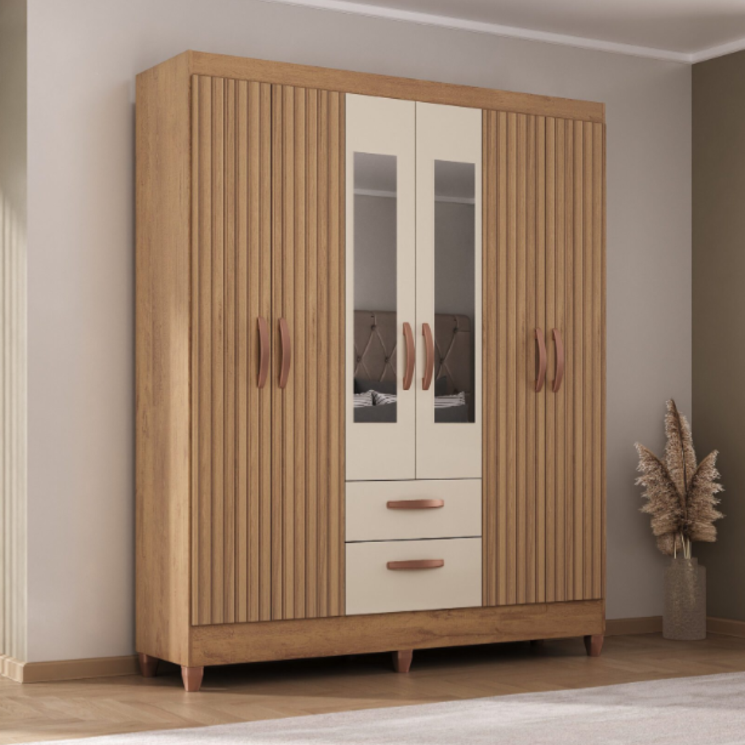 Roupeiro 6 Portas 2 Gavetas com Espelho Fortaleza Canelato Rustico 3D-Natura Off White - ACP ...