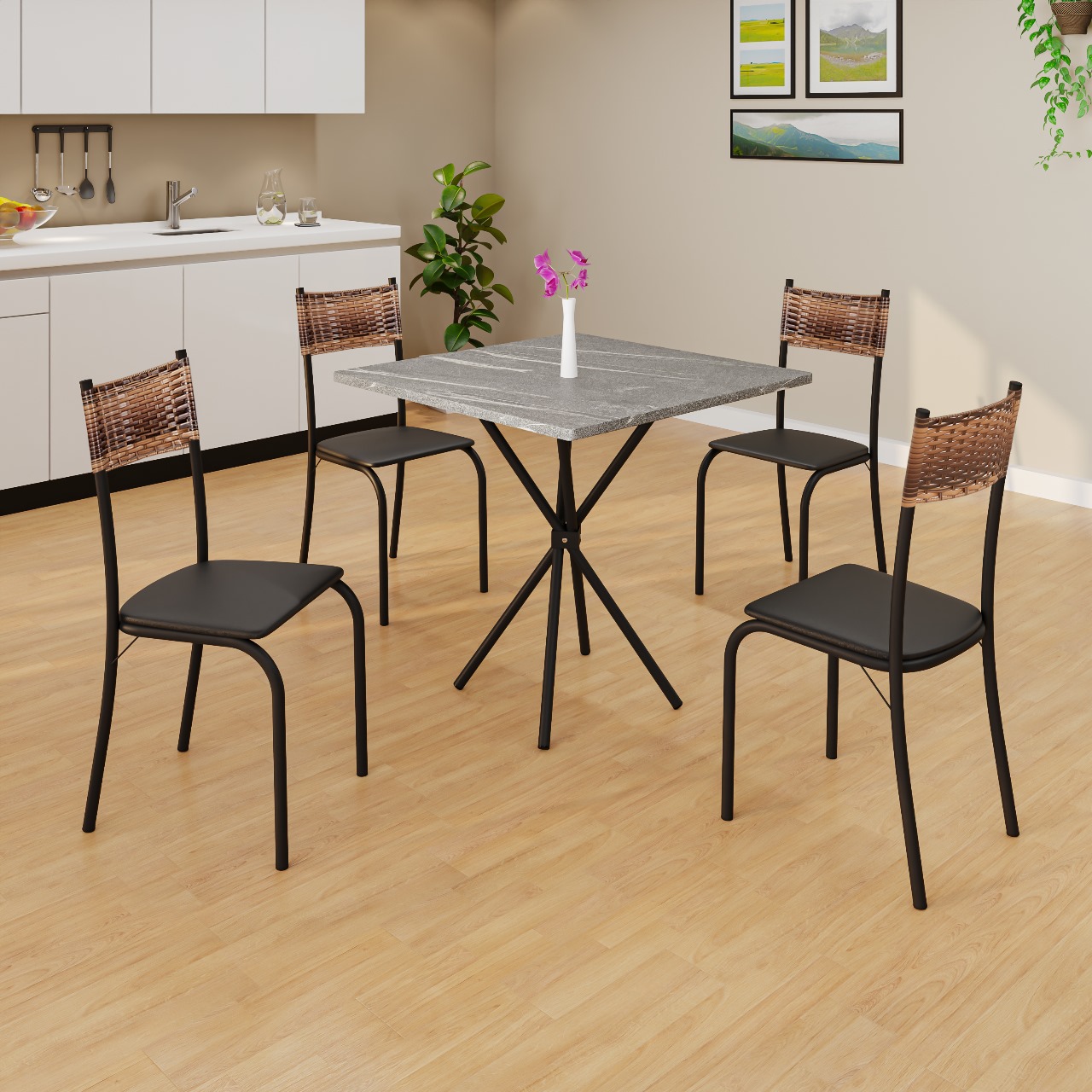 Conjunto Mesa 4 Cadeira Atlanta 70X70 Tb Preto Tpo Granito Topazio Tec. Corino Preto - MÓVEIS ...