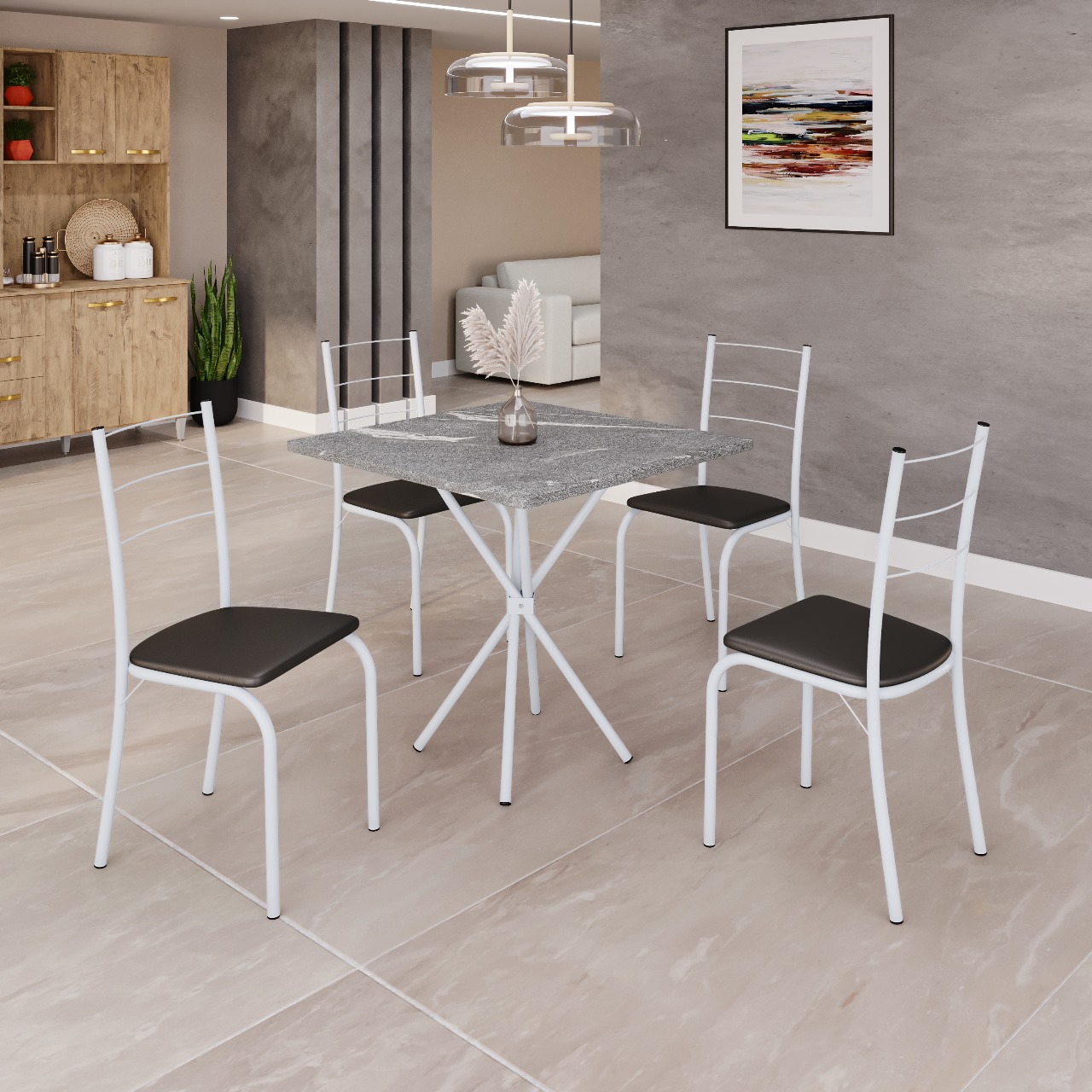 Conjunto Mesa 4 Cadeira Marica 70X70 Tb Branco Tp Granito Topázio Tec. Corino Preto - MÓVEIS ...