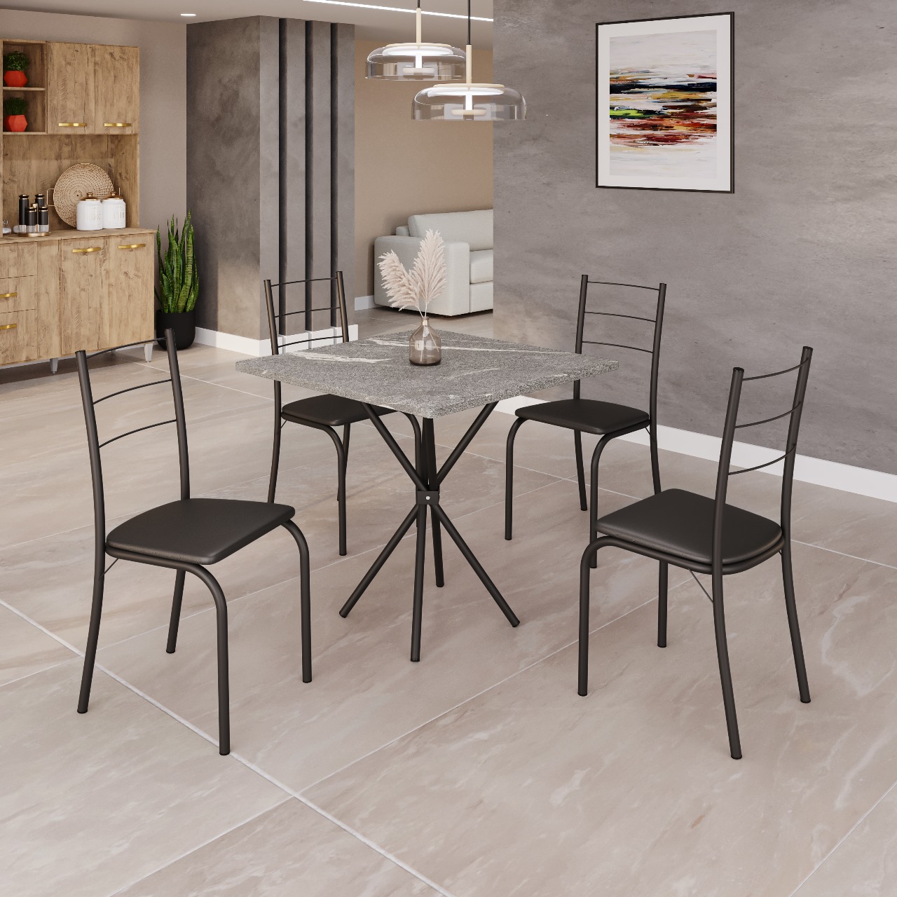 Conjunto Mesa 4 Cadeira Marica 70X70 Tb Preto Tpo Granito Topázio Tec. Corino Preto - MÓVEIS ...
