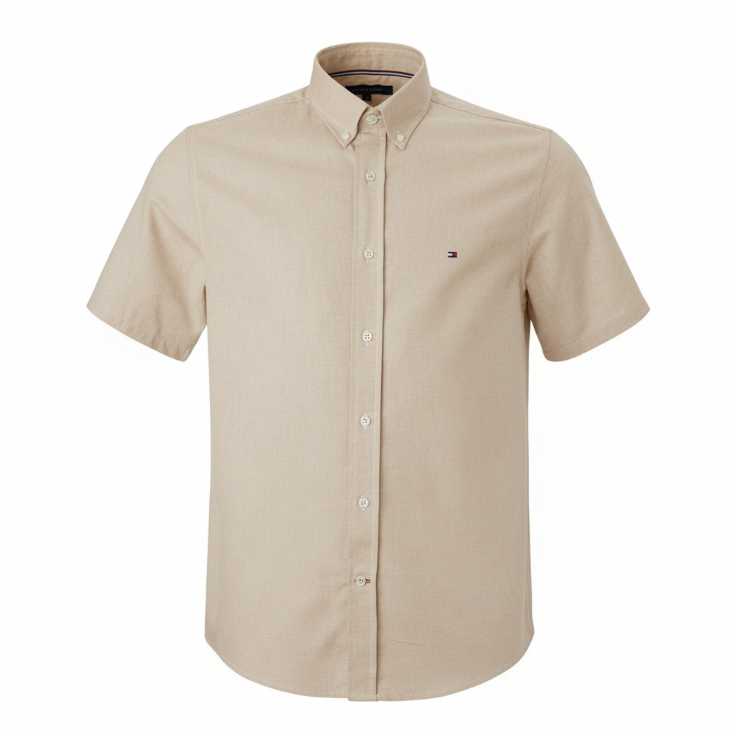 Camisa Tommy Hilfiger Masculina Manga Curta Oxford Caqui - Gareth