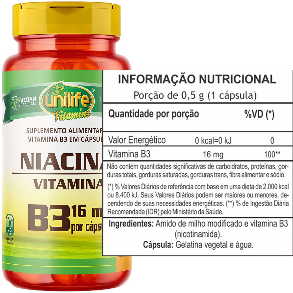 Vitamina B3 500mg 60 Cápsulas | Unilife - Empório Aruna