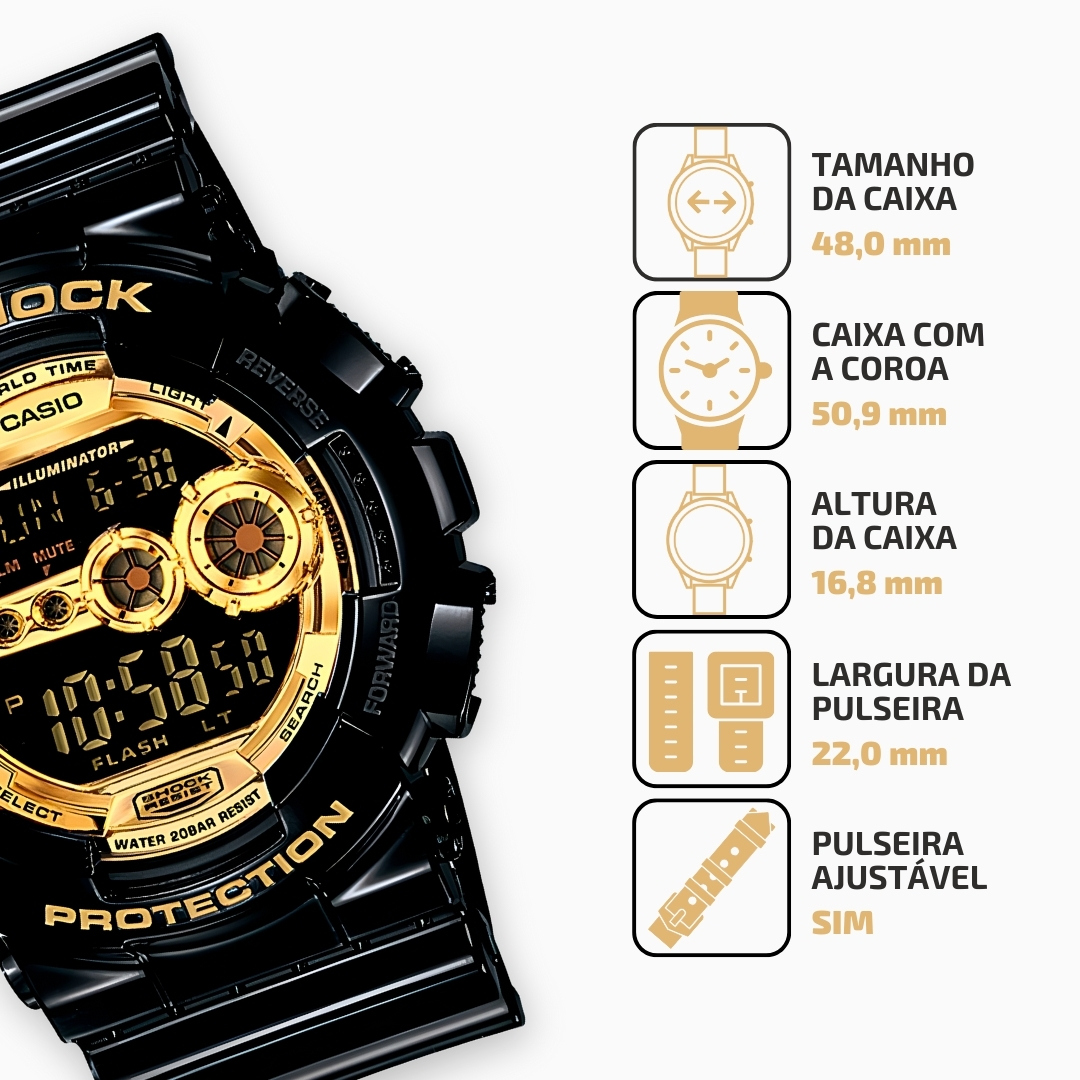 Relógio Casio G-Shock GD-100GB-1DR Preto Dourado Digital - Moment - nos seus melhores momentos!