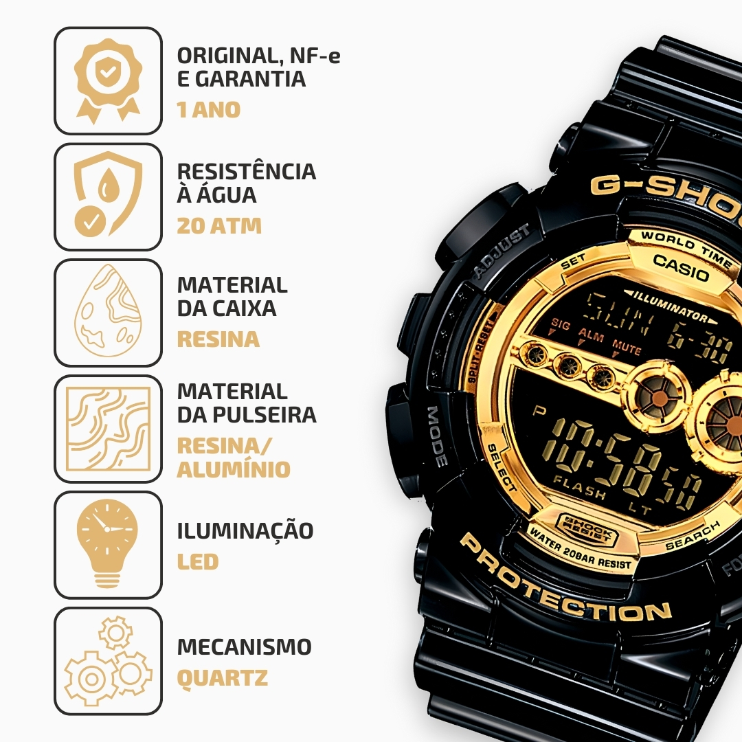 Relógio Casio G-Shock GD-100GB-1DR Preto Dourado Digital - Moment - nos seus melhores momentos!