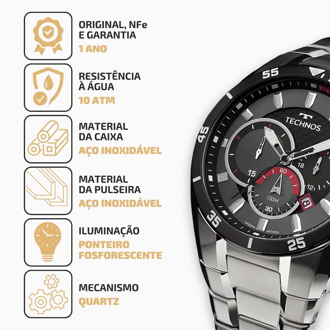 Relógio Technos JS25BBD/K1R Masculino Cronógrafo Aço Inox 10 ATM ...