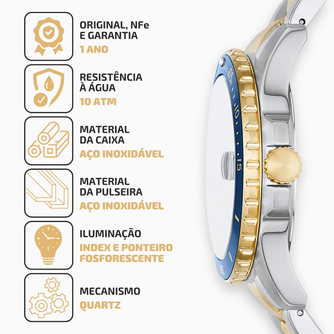 Relógio Fossil FS6034/1KN Masculino Bicolor Analógico Resistente 100m ...