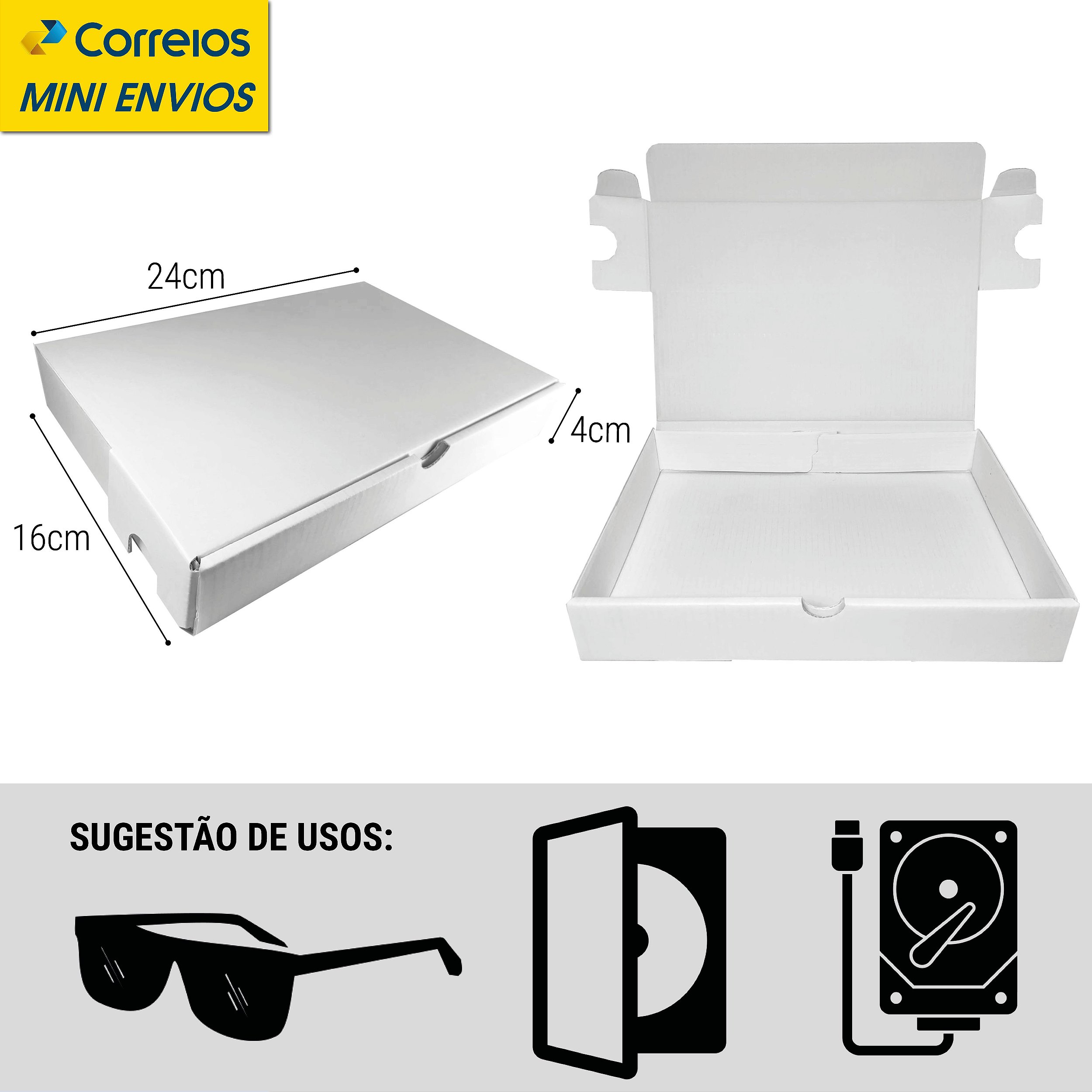 Caixas de Papelão Branco 24x16x4 Mini Envios - Prisma Embalagens Gráficas