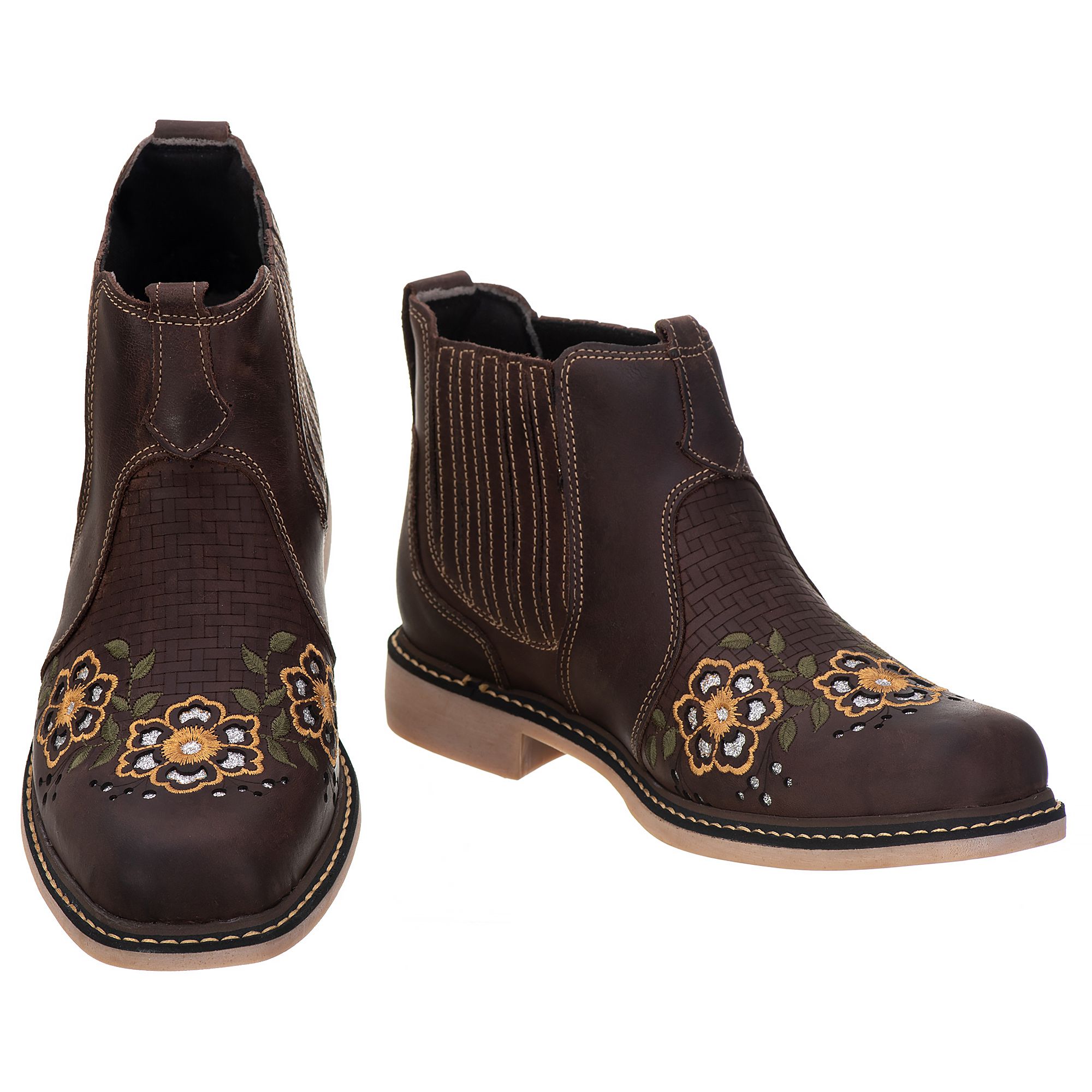 Botina Feminina bico redondo em Couro Fóssil Brown Detalhe Lazer ...