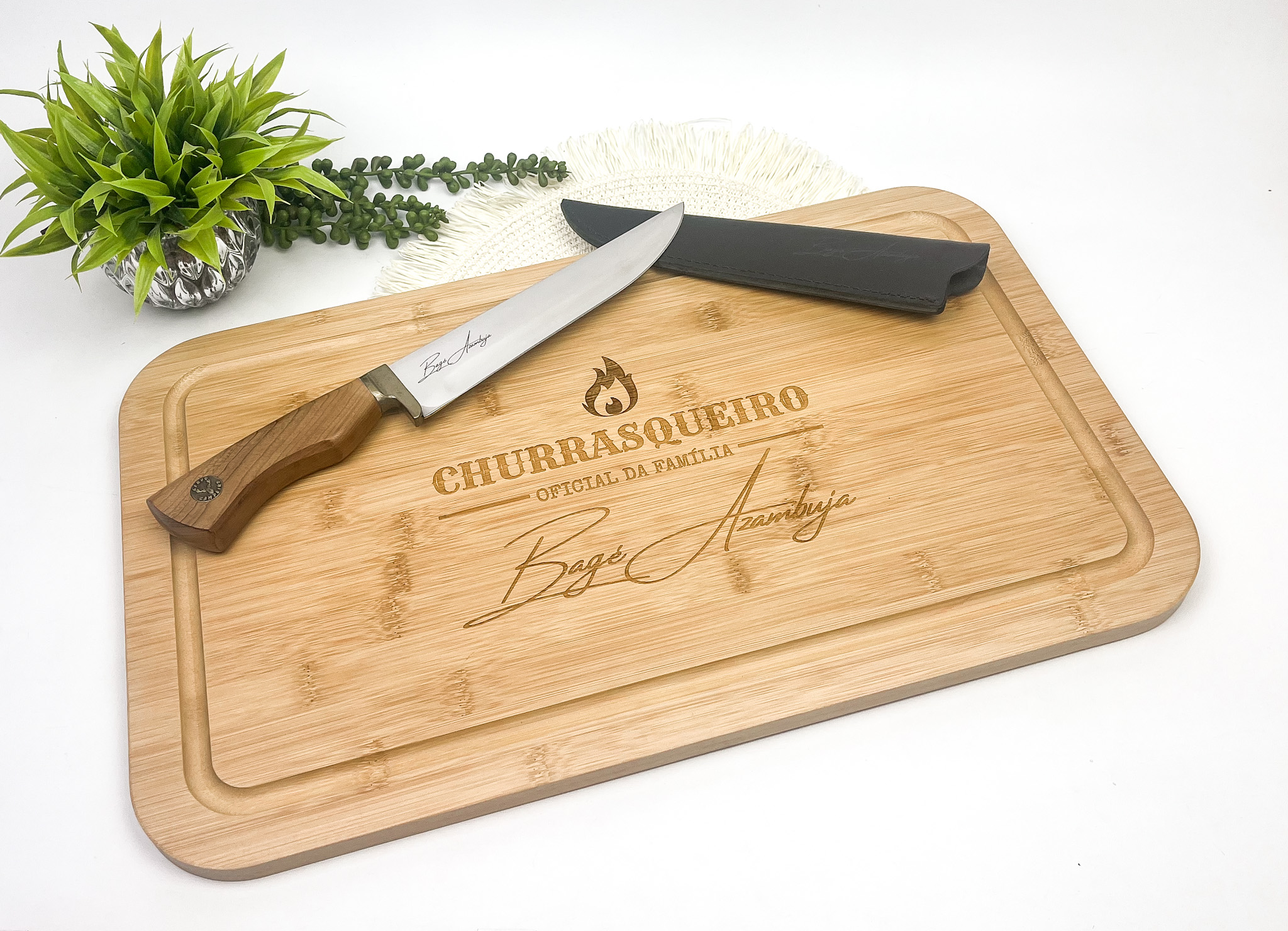 Kit Tábua em Bambu 50x30 e Faca Artesanal 8 Polegadas Personalizado ...