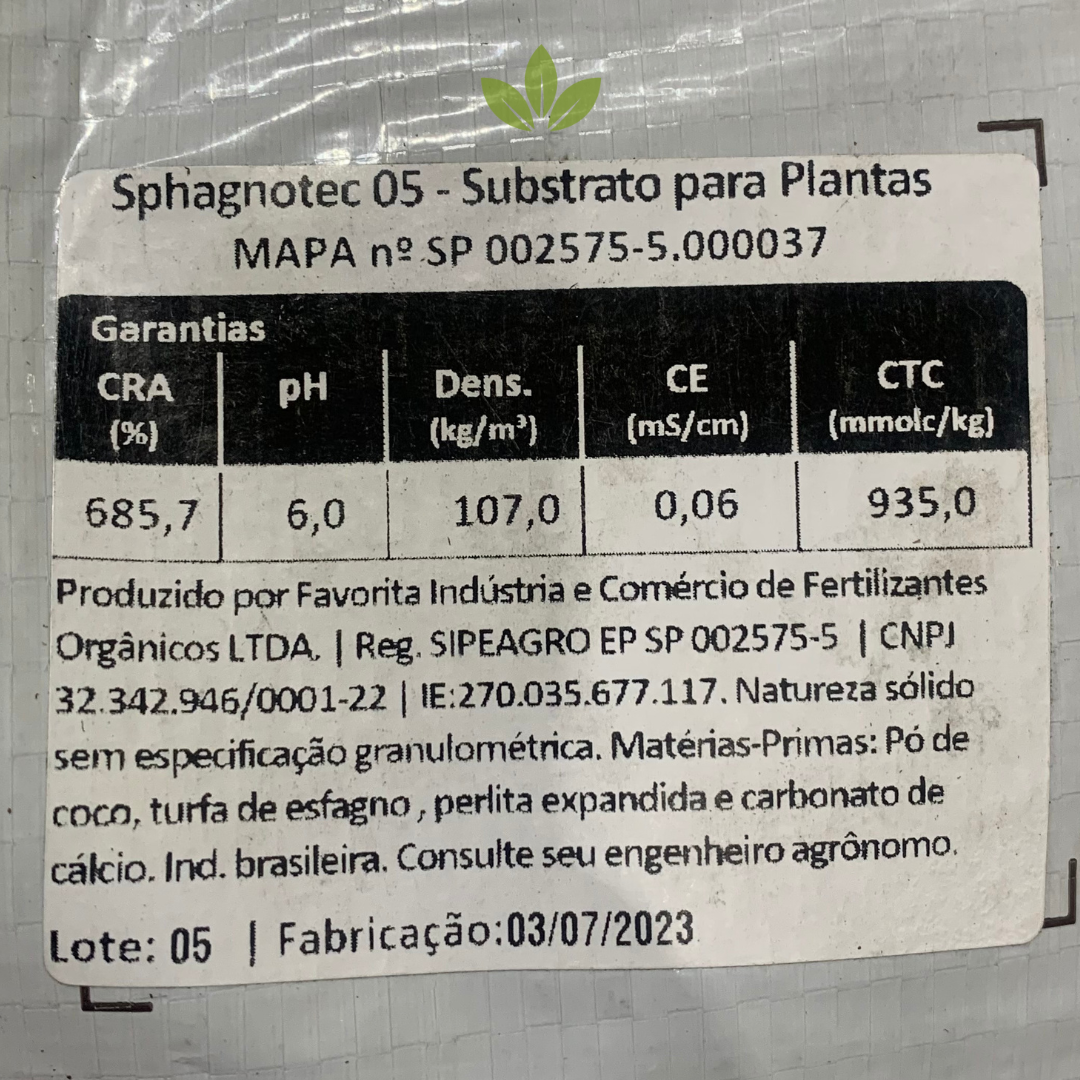 SUBSTRATO TURFA PELITA COCO SPHAGNOTEC 05 - SACO 50L - Seja Livre, Cultive!
