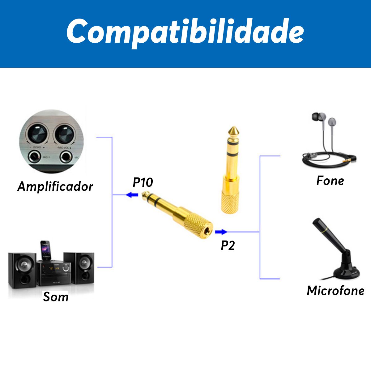 Adaptador P10 Macho 6,5mm Para P2 Fêmea 3,5mm Plug Conector Conversor ...