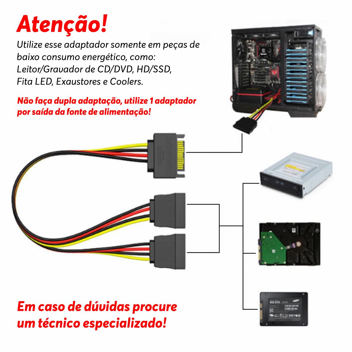 Cabo Energia Alimentação Sata para Dual Sata 15 Pinos Divisor Y ...
