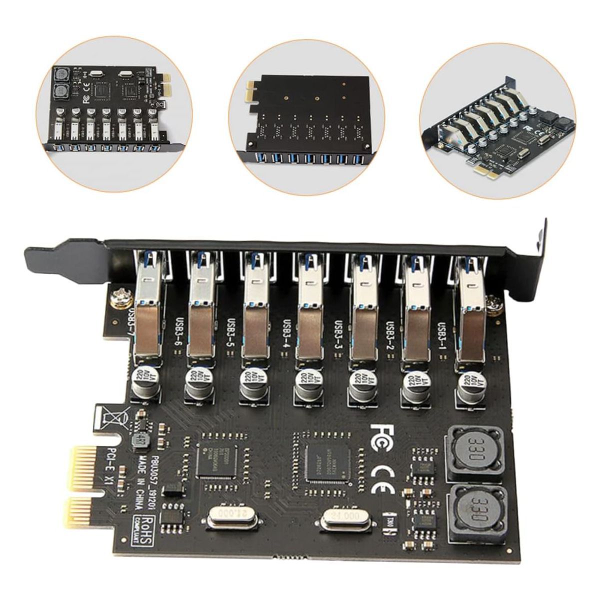 Placa Expansão PCI Express PCIe X1 X4 X8 X16 p/ USB 3.0 7 Portas ...