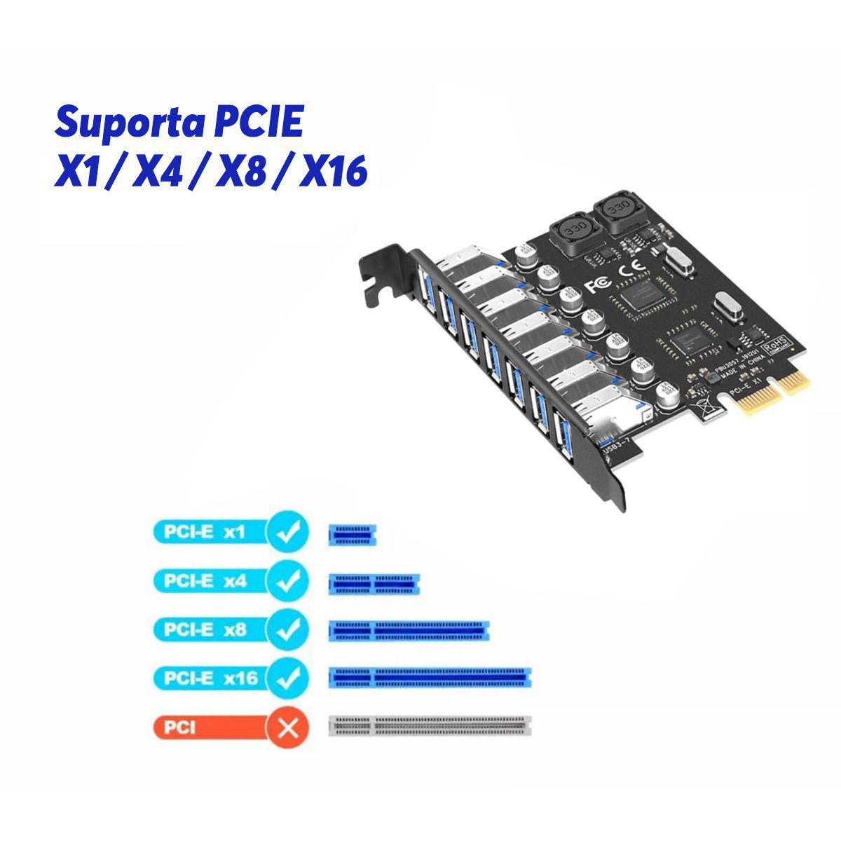 Placa Expansão PCI Express PCIe X1 X4 X8 X16 p/ USB 3.0 7 Portas ...