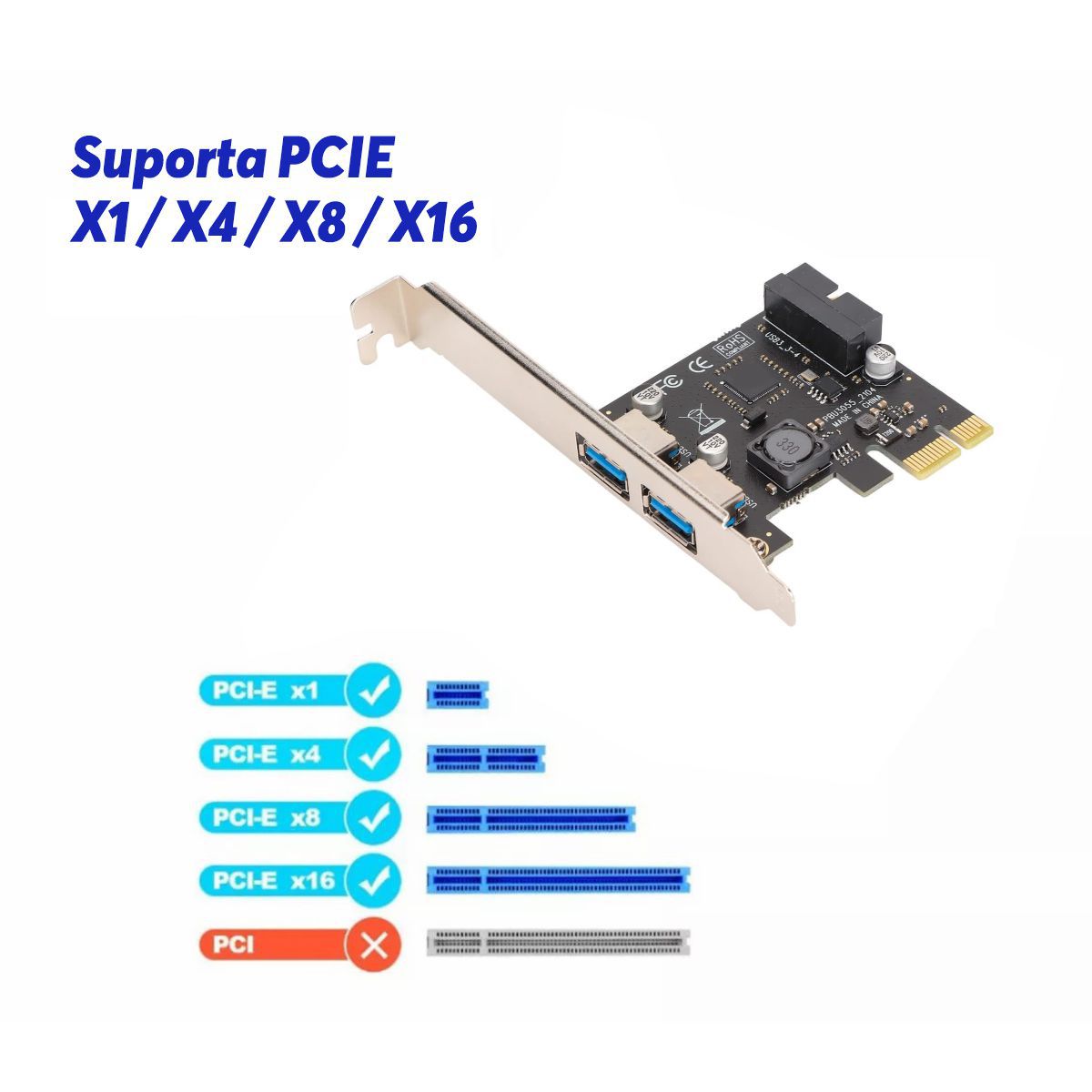 Placa Expansão PCI Express PCIe X1 X4 X8 X16 p/ USB 3.0 2 Portas - Chroma Tech | Loja Oficial