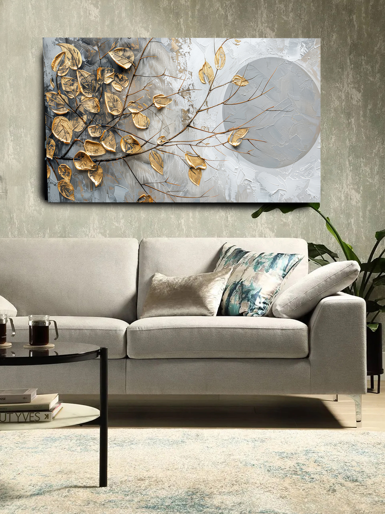 Quadro Folhas Douradas Lua cinza - Atelier Valverde - quadros e almofadas