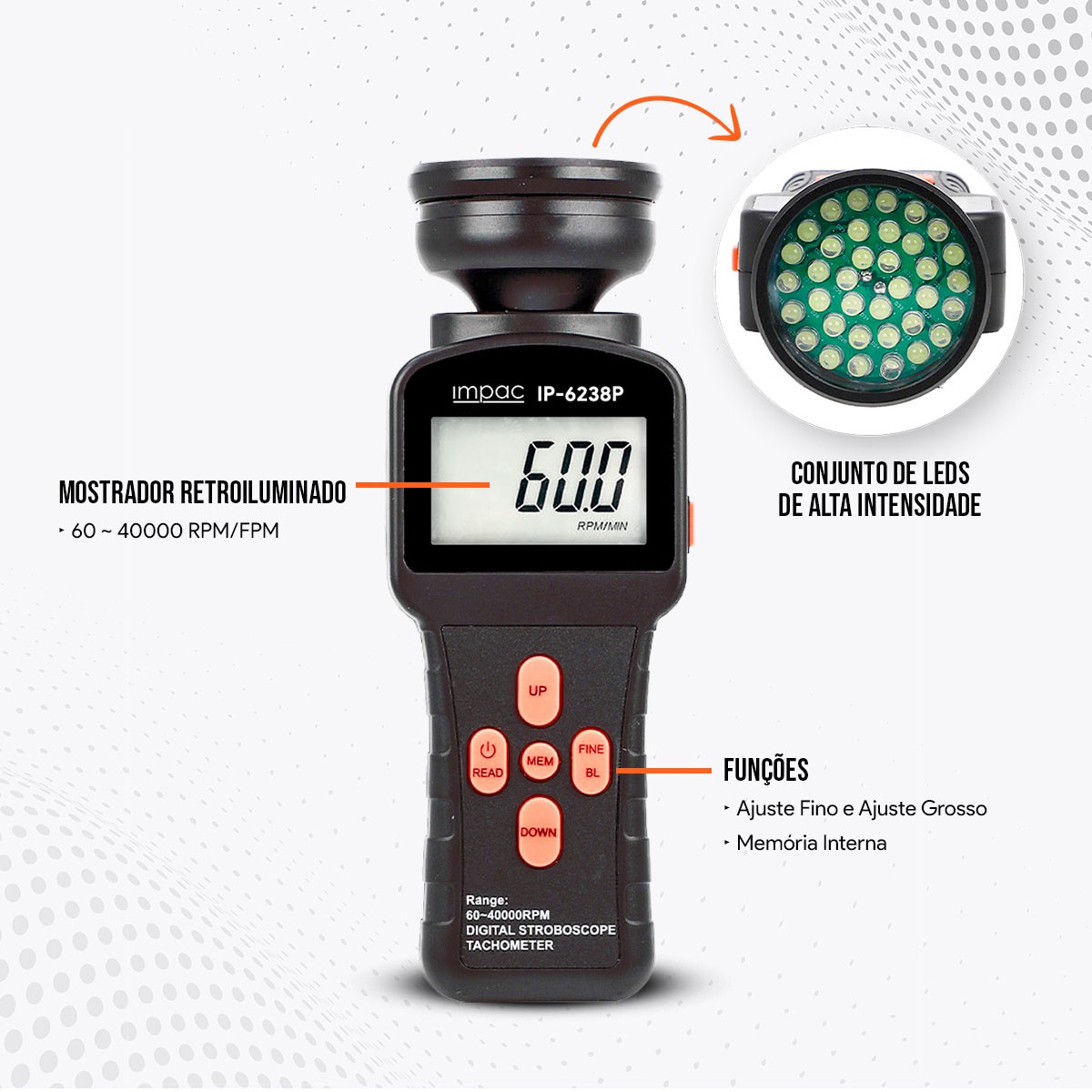 Estroboscópio Digital Portátil LED IP-6238P Impac - Impac Loja Virtual ...