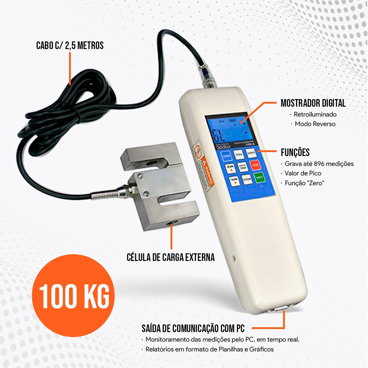 Dinamômetro Digital Portátil Escala 0 a 100 Kg com RS232 IP-90DI Impac ...