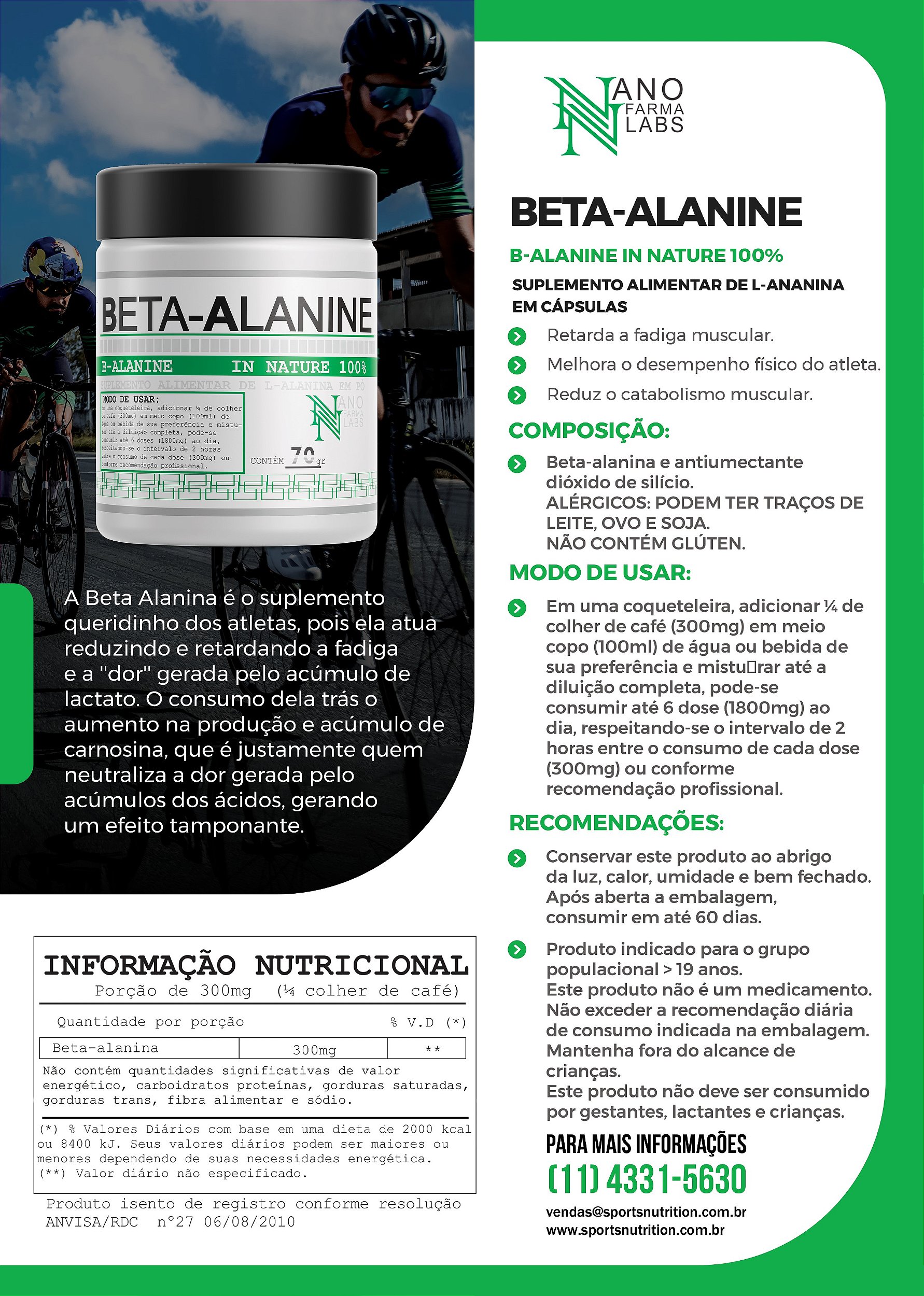Beta Alanina em pó - 70g - Nano Farma - Sports Nutrition