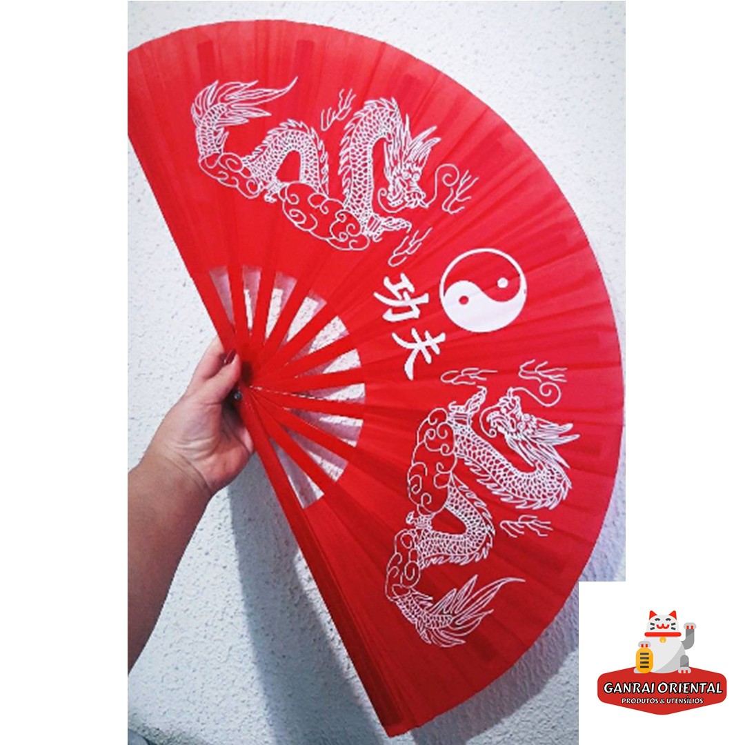 Leque de Mão Grande Preto Vermelho - Dragão Chinês - Ganrai ...