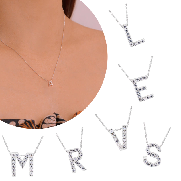 Colar letra cravejada de zircônias Prata 925 - Ohanna Pratas
