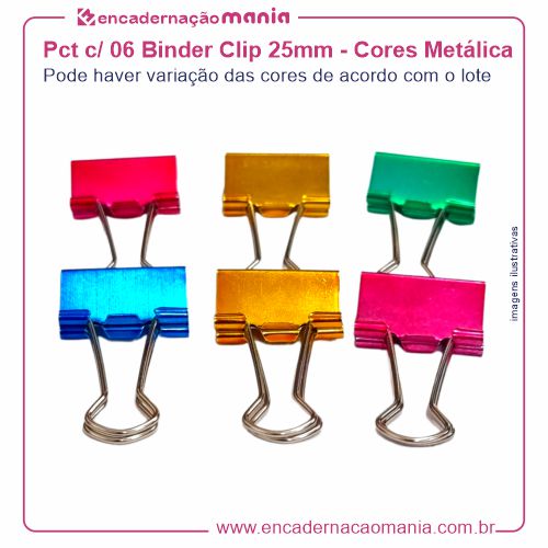 Pct c/ 06 Binder Clip 25mm - Cores Metalicas - Encadernação Mania ...