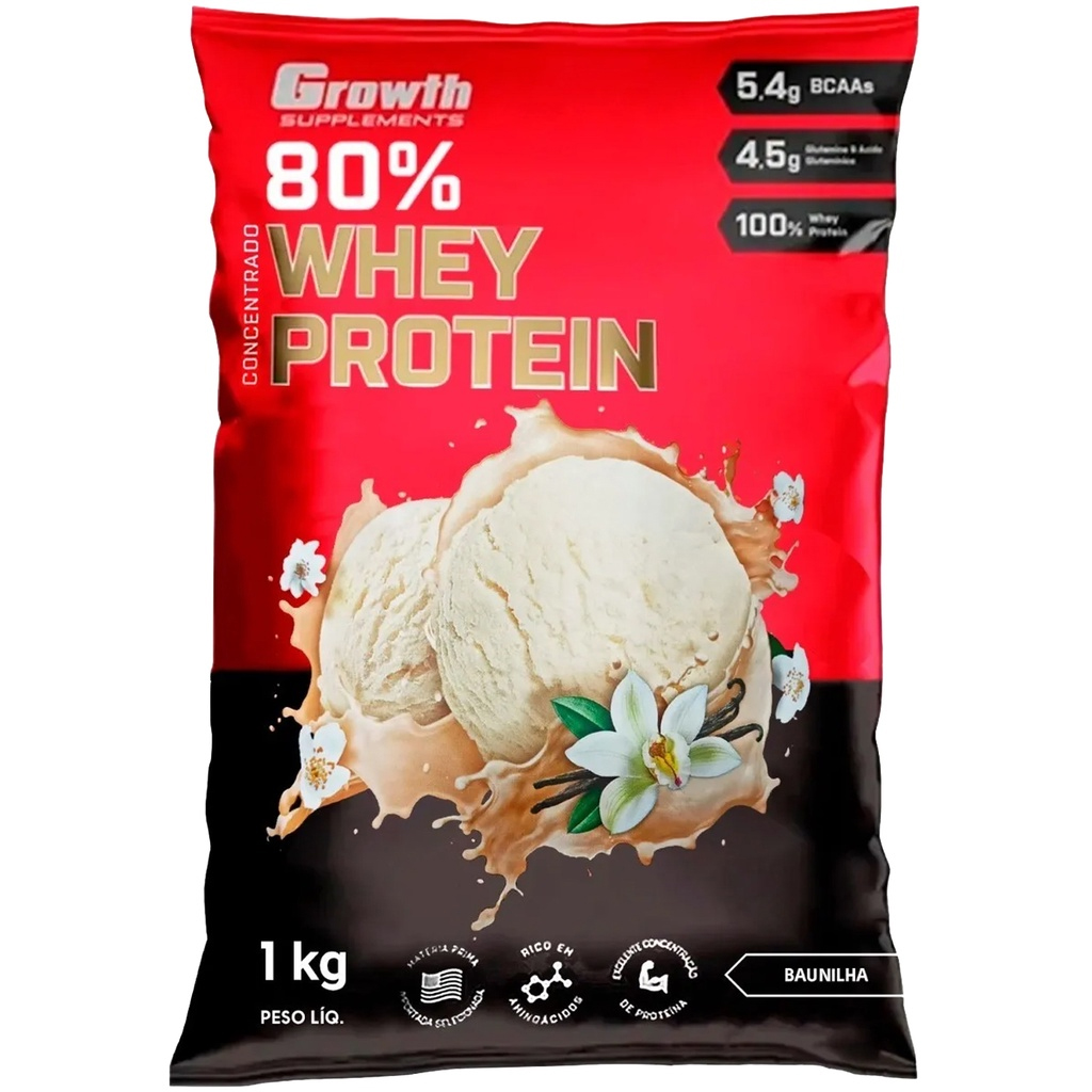 Whey Protein Concentrado Growth 80% - 1kg - Growth Supplements - MEUWHEY