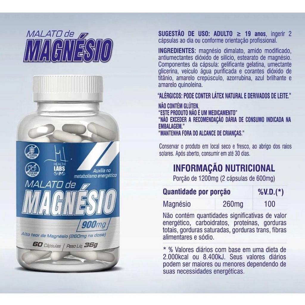 Magnésio de Malato - 900mg - Health Labs - MEUWHEY