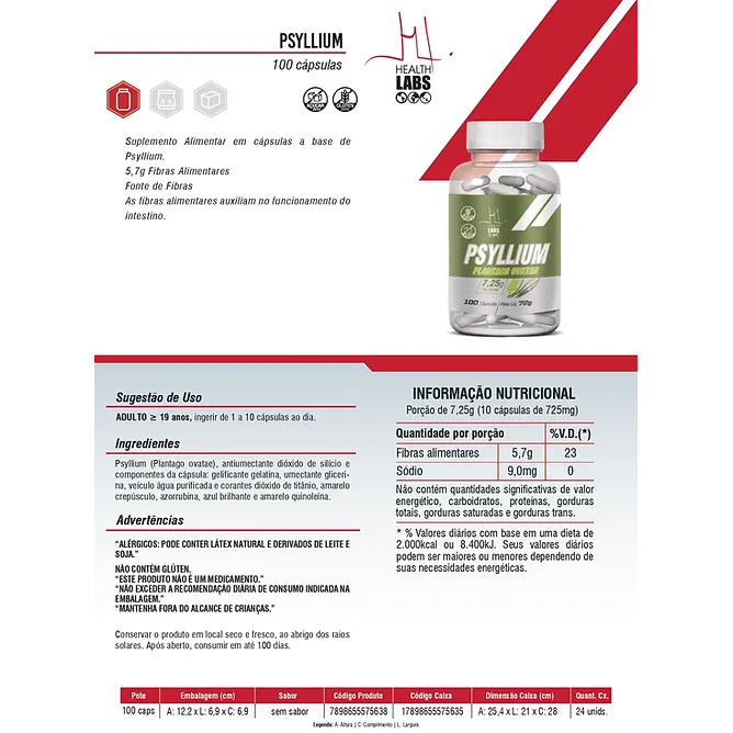 Psyllium 7,25g na Dose - 100 Cápsulas - Health Labs - MEUWHEY