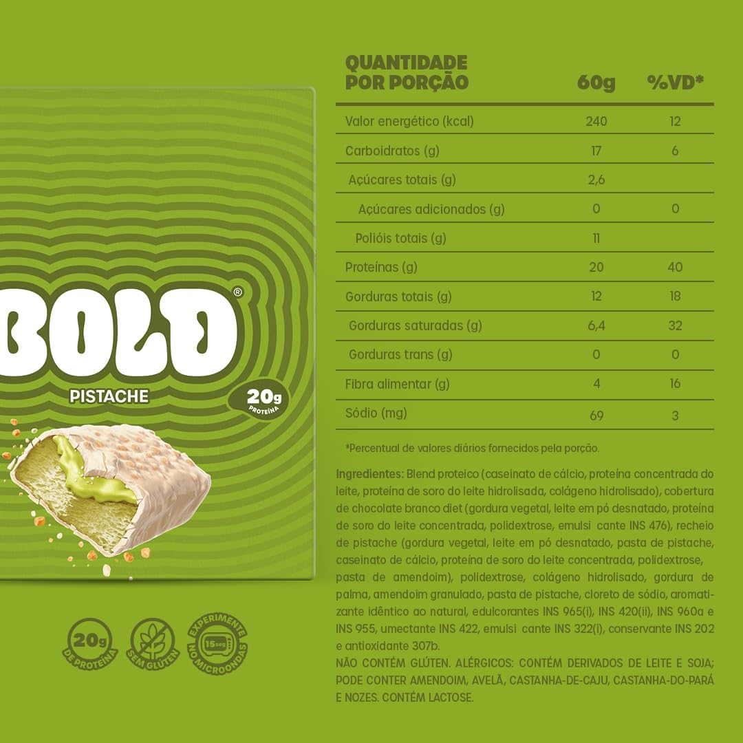 Barra de Proteína Bold Bar - Sabor Pistache - 12 Unid x 60g Cada (720g) - Bold Snacks - MEUWHEY