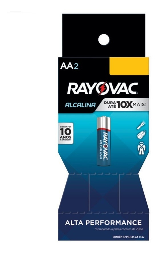 Pilha Alcalina Rayovac AA2 - Tubo com 16 Cartelas de 2 Pilhas (32 ...