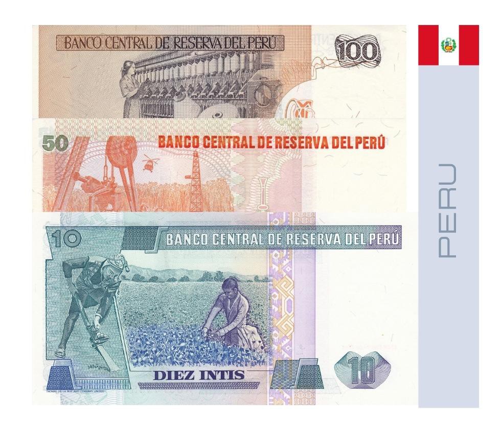 Lote 3 cédulas 10, 50 e 100 Intis Peru - FE - Mini71 na Web