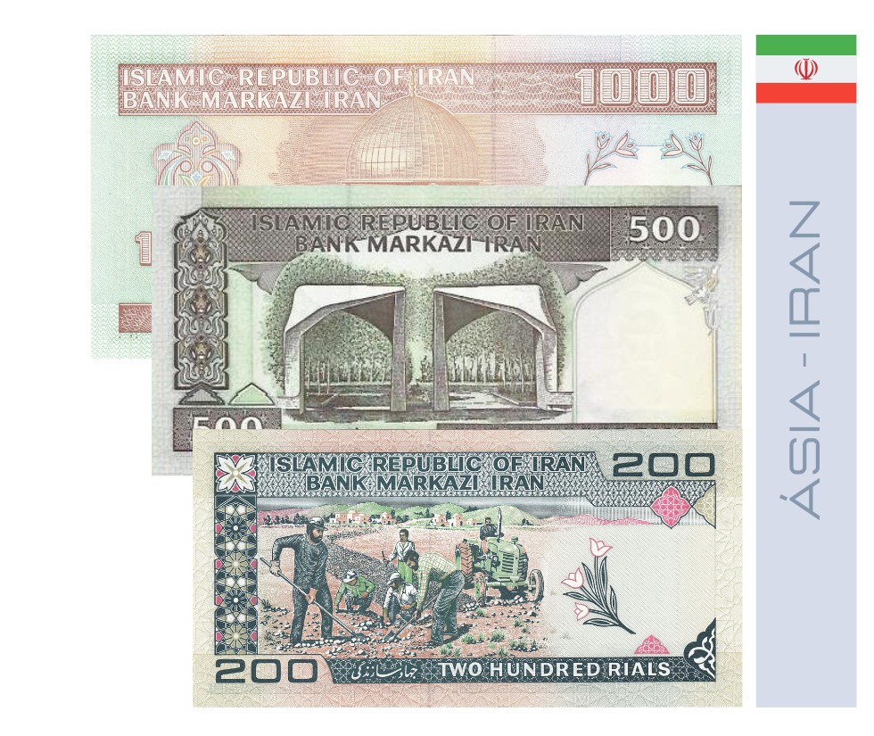Lote 3 cédulas - Notas Estrangeiras 1000, 500 e 200 Rials Iraniano ...