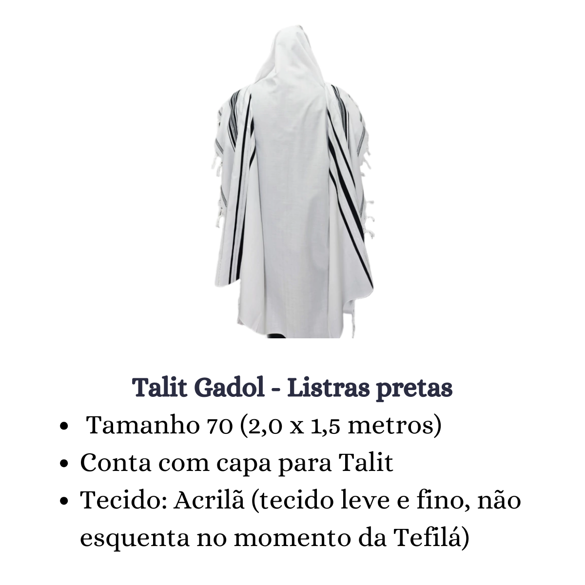 Talit Gadol Listras pretas- 100% Kosher - Davar - Artigos judaicos