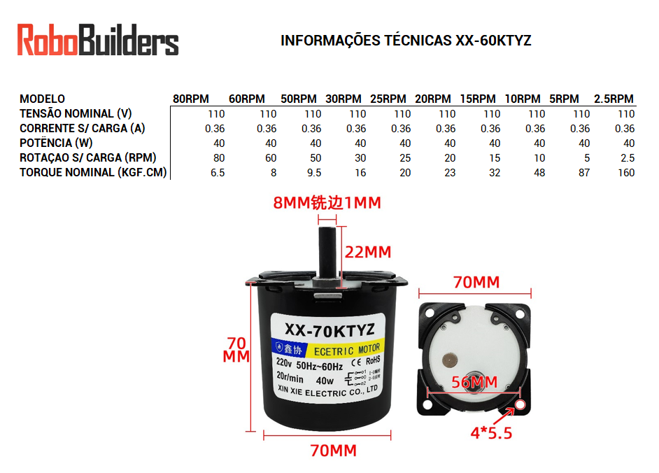 Motor Alto Torque AC 110V XX-70KTYZ Síncrono Escolha RPM NFe - RoboBuilders Produtos Sistemas e ...