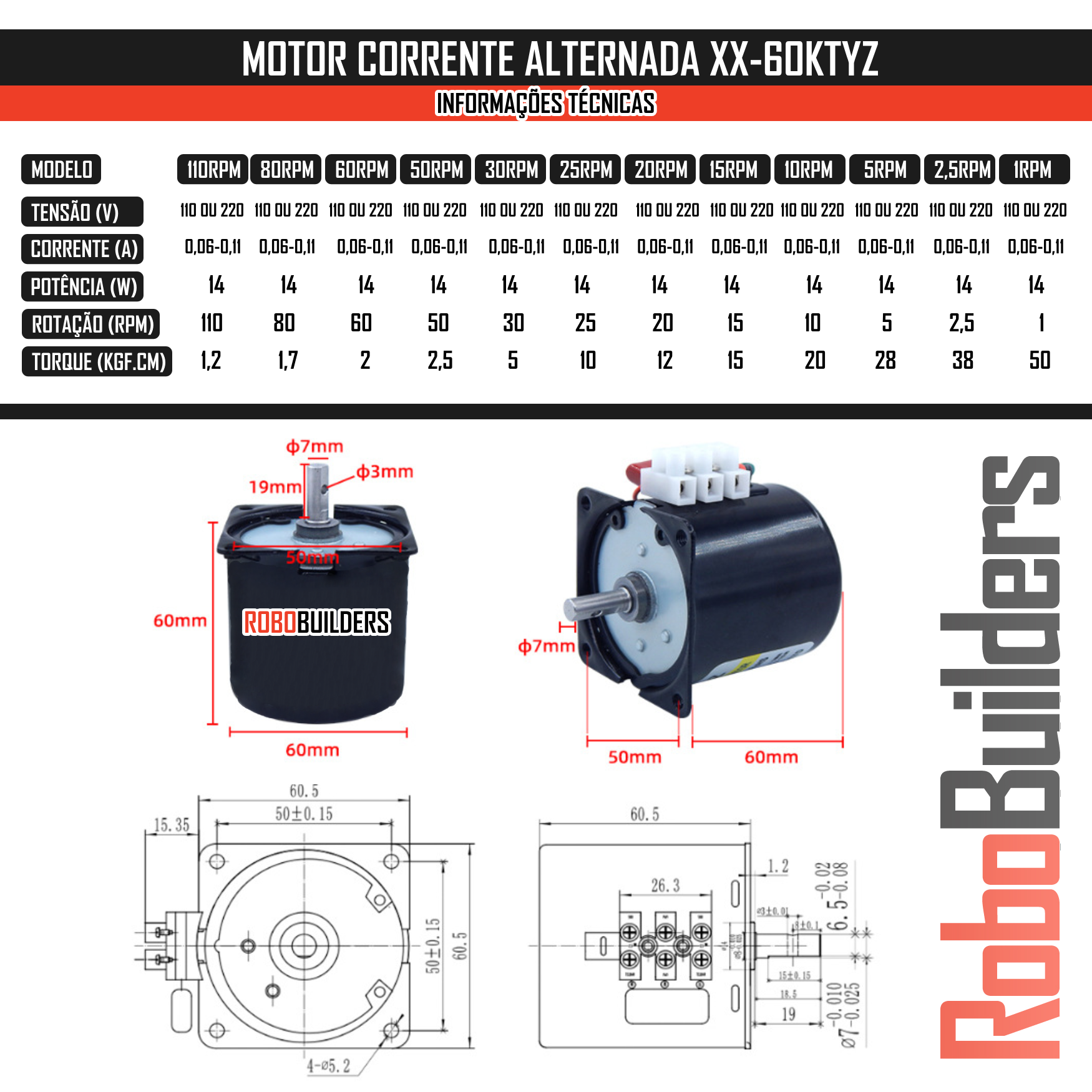 Motor Alto Torque AC 110V XX-60KTYZ Síncrono Escolha RPM NFe - RoboBuilders Produtos Sistemas e ...