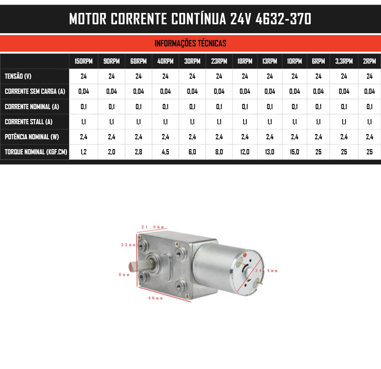 Motor Corrente Contínua Alto Torque 24V 4632-370 Escolha RPM ...