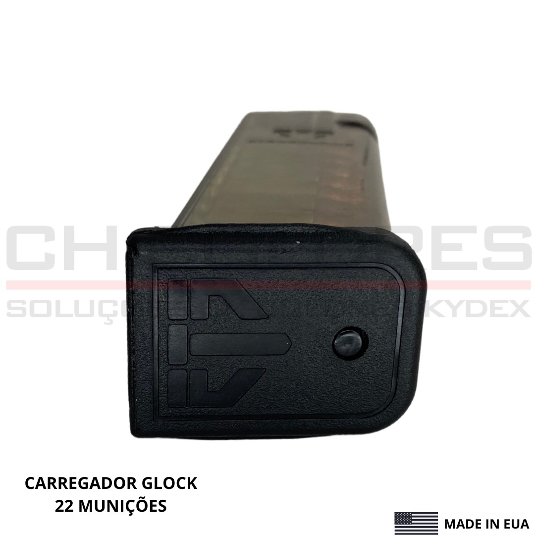 CARREGADOR GLOCK - ETS - CAPACIDADE 22 MUNIÇÕES - 9MM - CH COLDRES