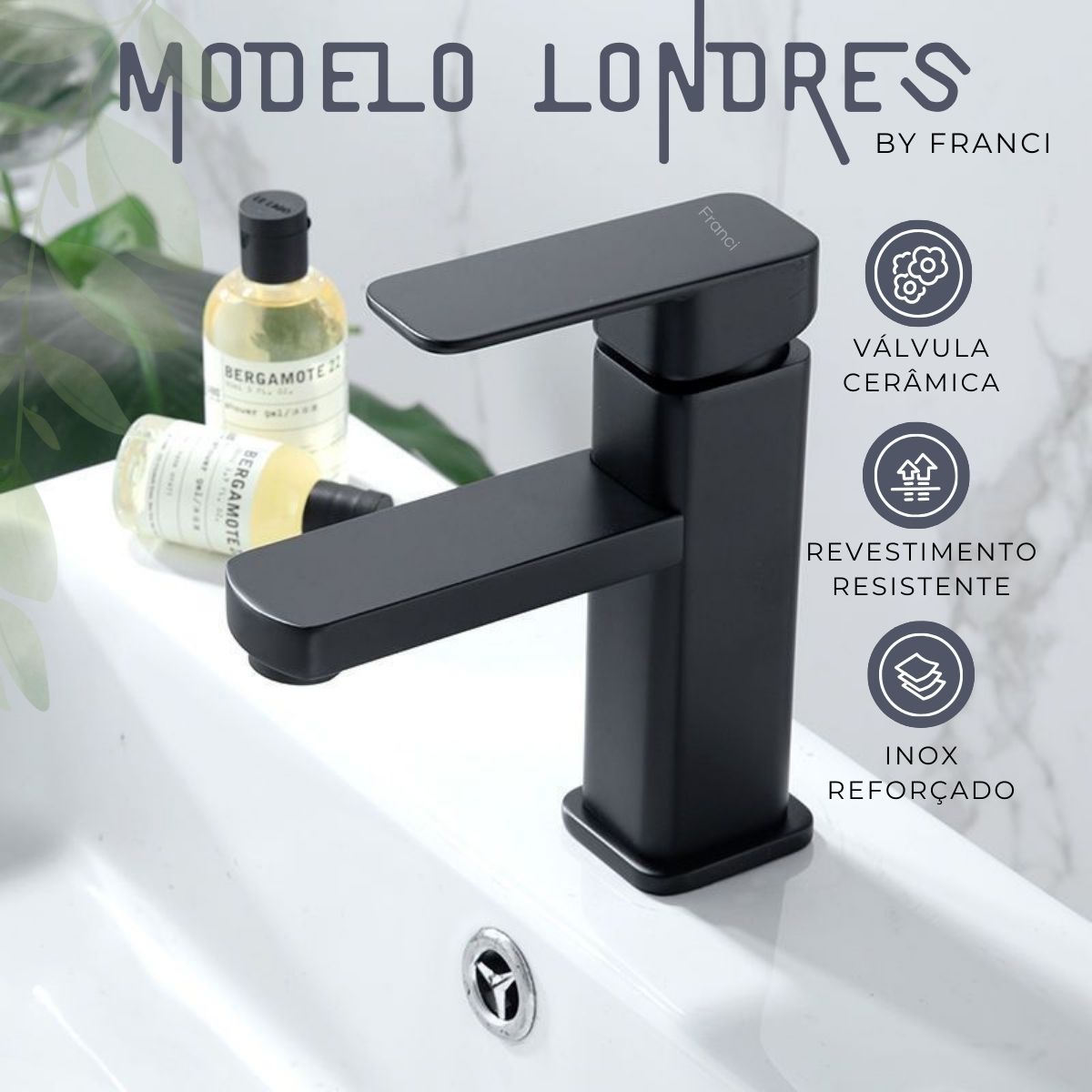 Torneira Bancada Quadrada Médio Bica Reta Preta - Modelo Londres ...