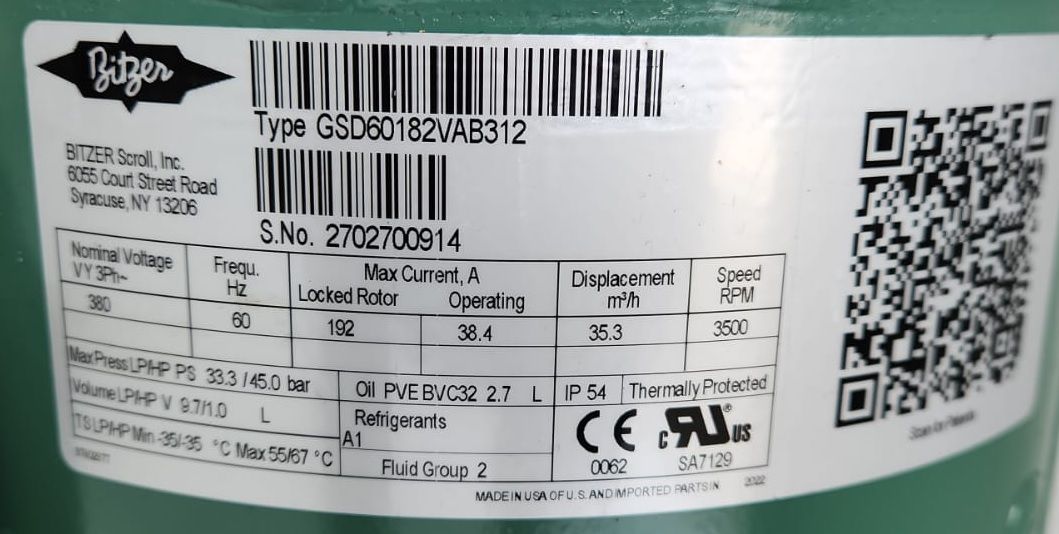 Compressor Scroll Bitzer Trifásico 15TR 380V 60HZ - GSD60182VAB312 SE ...